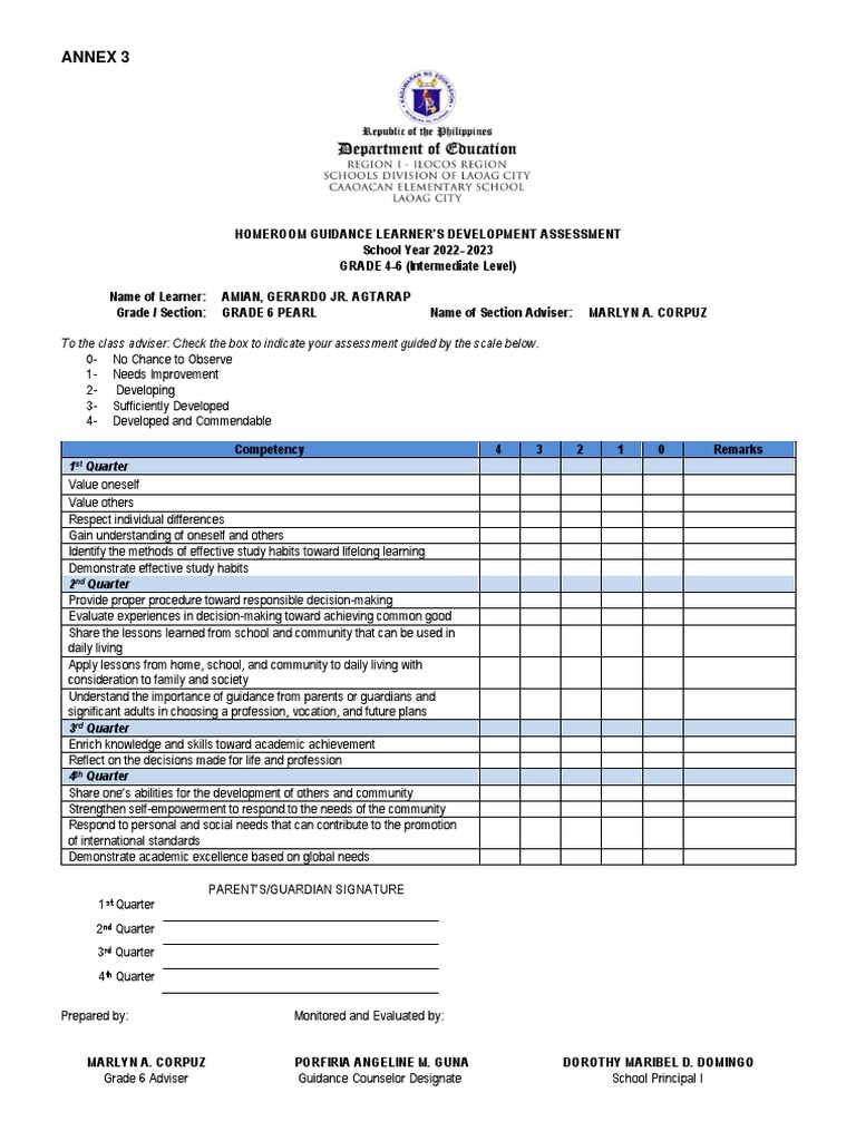 GRADE 6 HG Learner's Development Assessment | PDF | Learning | School ...