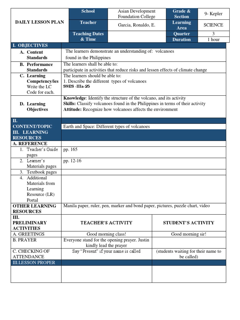 Daily Lesson Plan 2 | PDF | Volcano | Geological Hazards