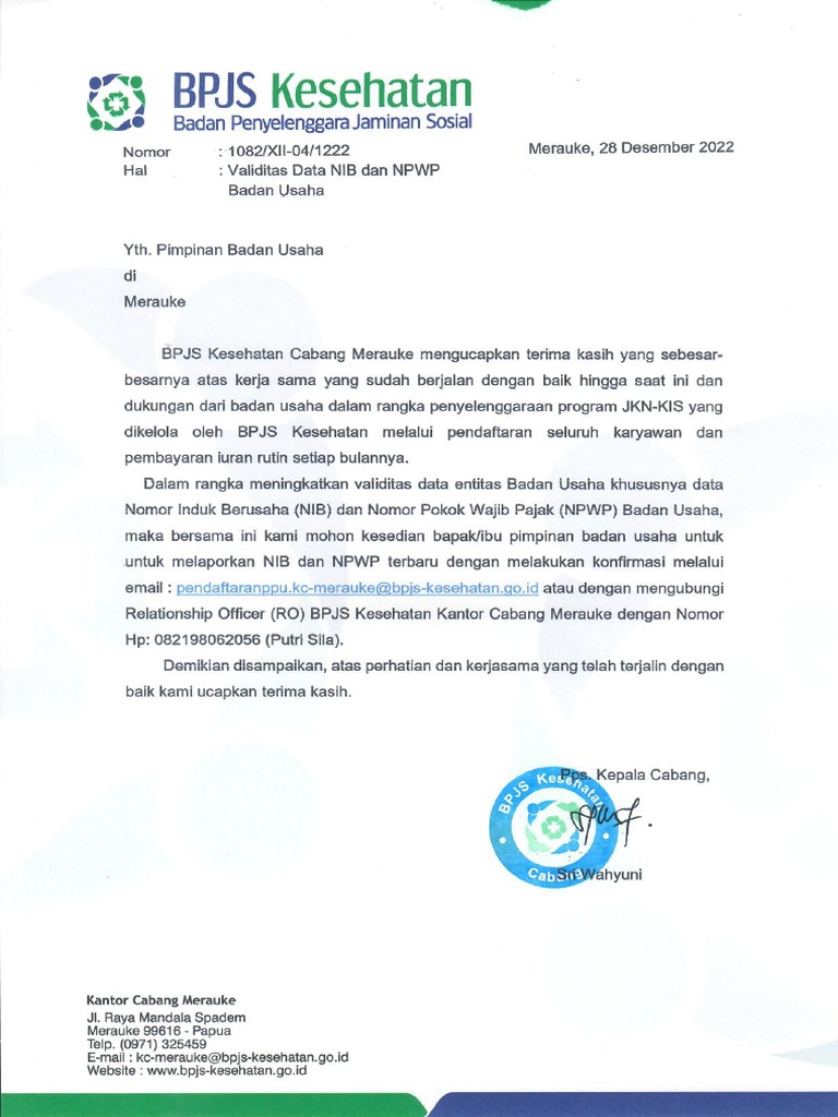 Surat Konfirmasi Validitas Data NIB Dan NPWP | PDF