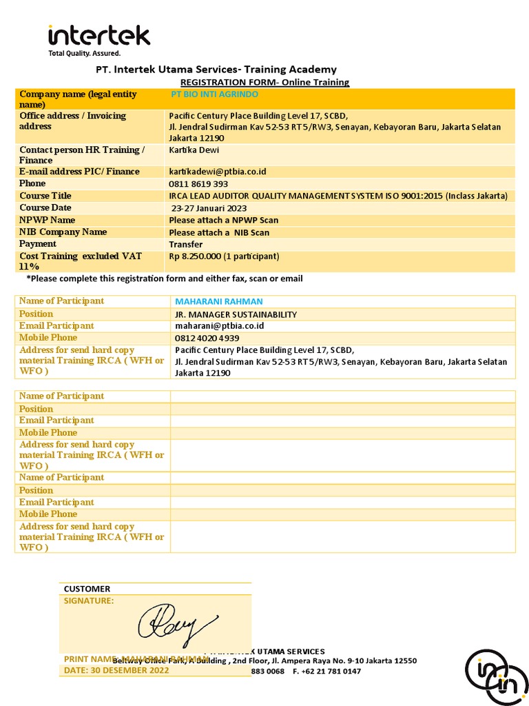 Registration Form Training - Offline Training - Irca - Iso 9001 - 2015 | PDF | Jakarta | Payments