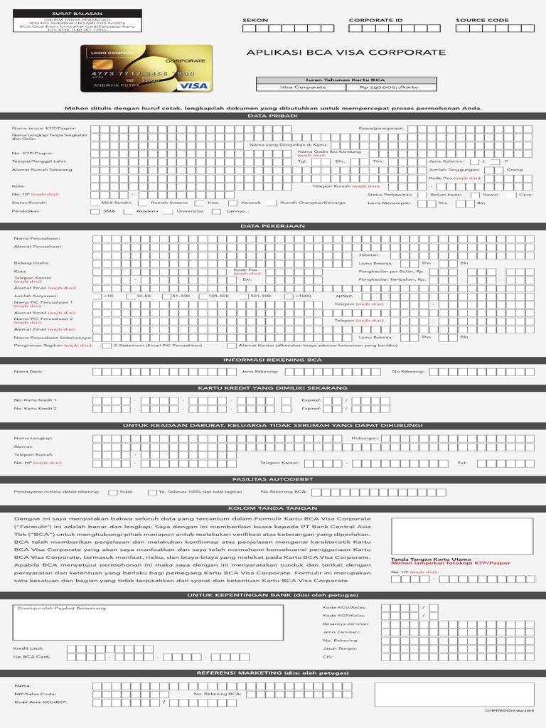 Formulir Kartu BCA Visa Corporate | PDF