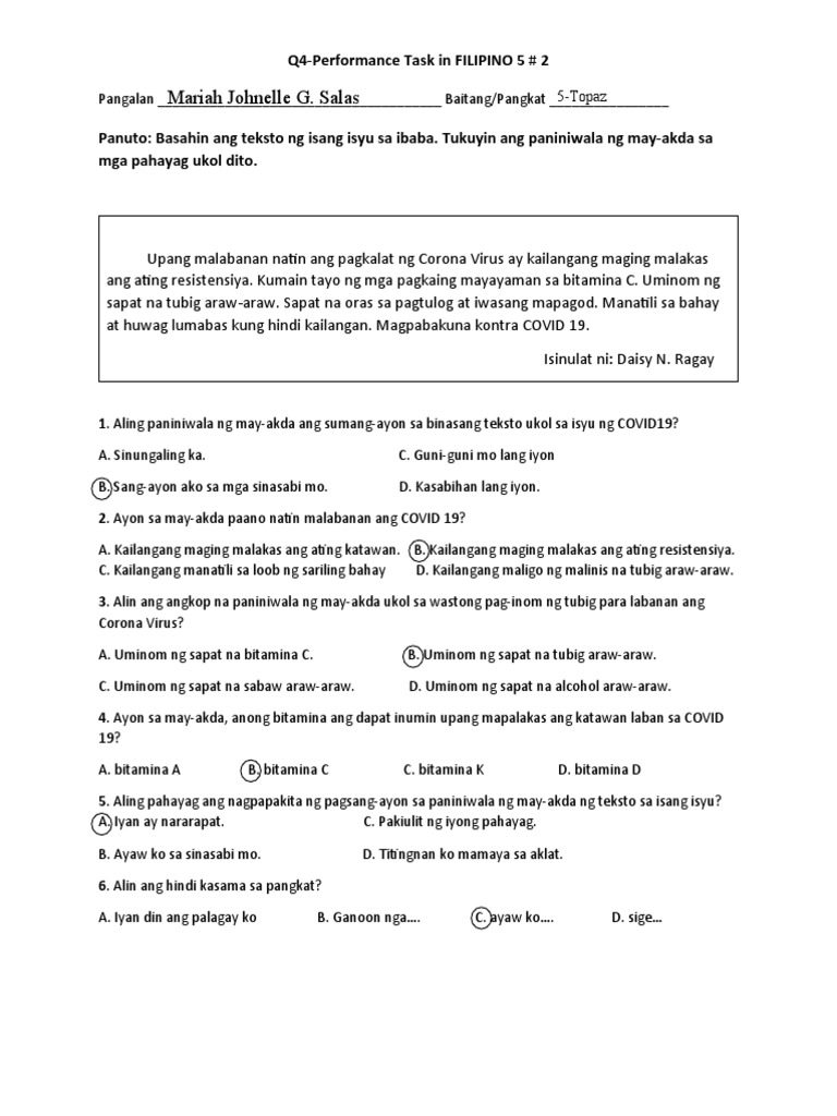 Q4-Performance Task in FILIPINO 5 #2 | PDF