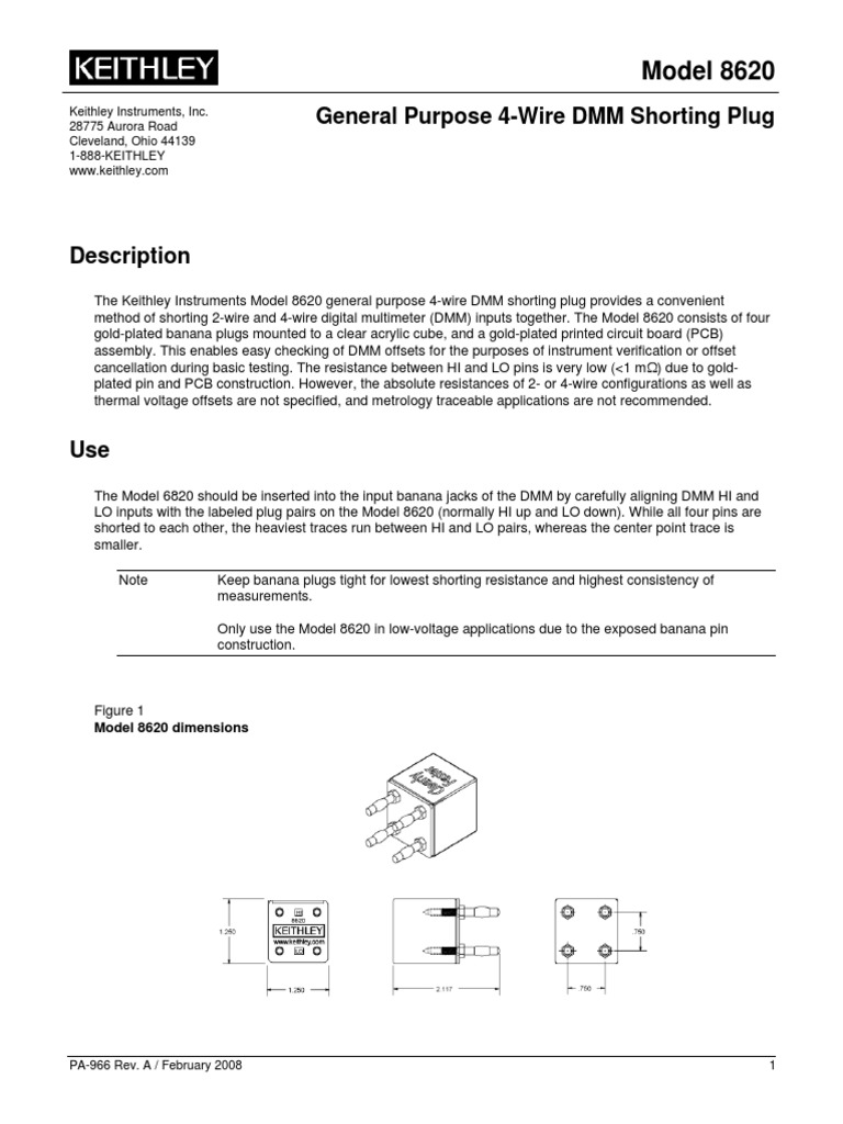 General Purpose 4-Wire DMM Shorting Plug: Model 8620 | PDF
