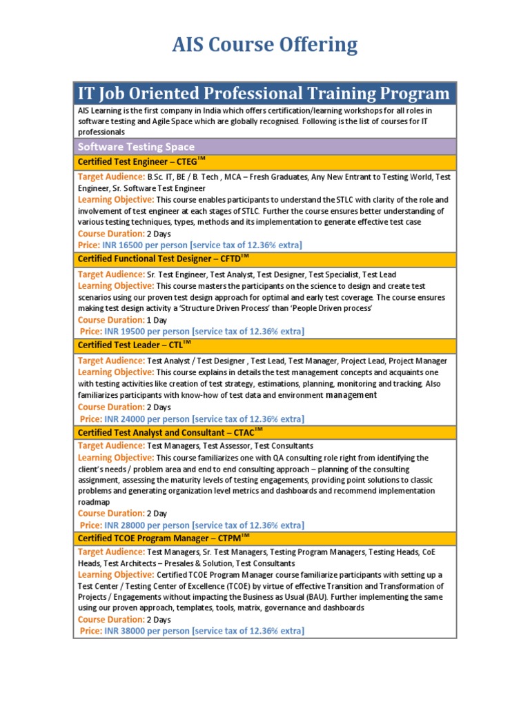 AIS IT Training Course Offerings | PDF | Scrum (Software Development ...