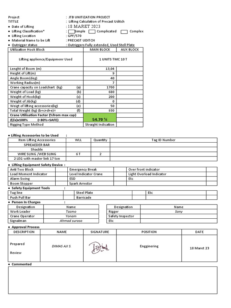 LIFTING CALCULATION Precast Udith | PDF | Crane (Machine) | Equipment LIFTING CALCULATION Precast Udith | PDF | Crane (Machine) | Equipment