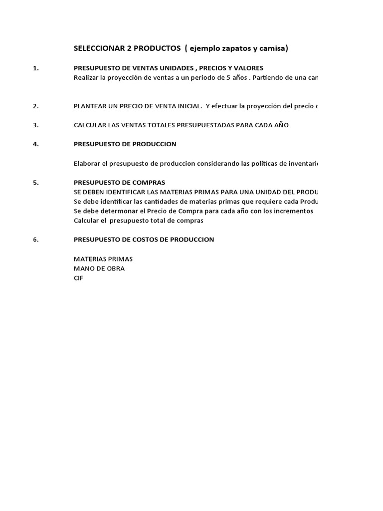 SELECCIONAR 2 PRODUCTOS (Ejemplo Zapatos y Camisa) : 1. Presupuesto de Ventas Unidades, Precios ...
