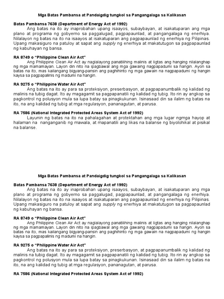 Mga Batas Pambansa at Pandaigdig Tungkol Sa Pangangalaga Sa Kalikasan | PDF