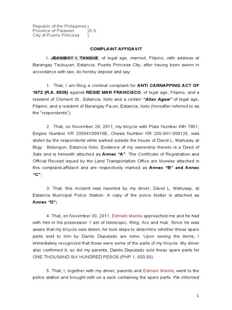Complaint Affidavit for Carnapping Case | PDF | Public Law | Document