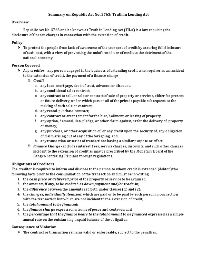 RA 3765 Truth in Lending Act | PDF | Credit | Finance & Money Management