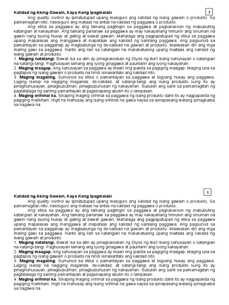 ESP Kalidad NG Aking Gawain | PDF