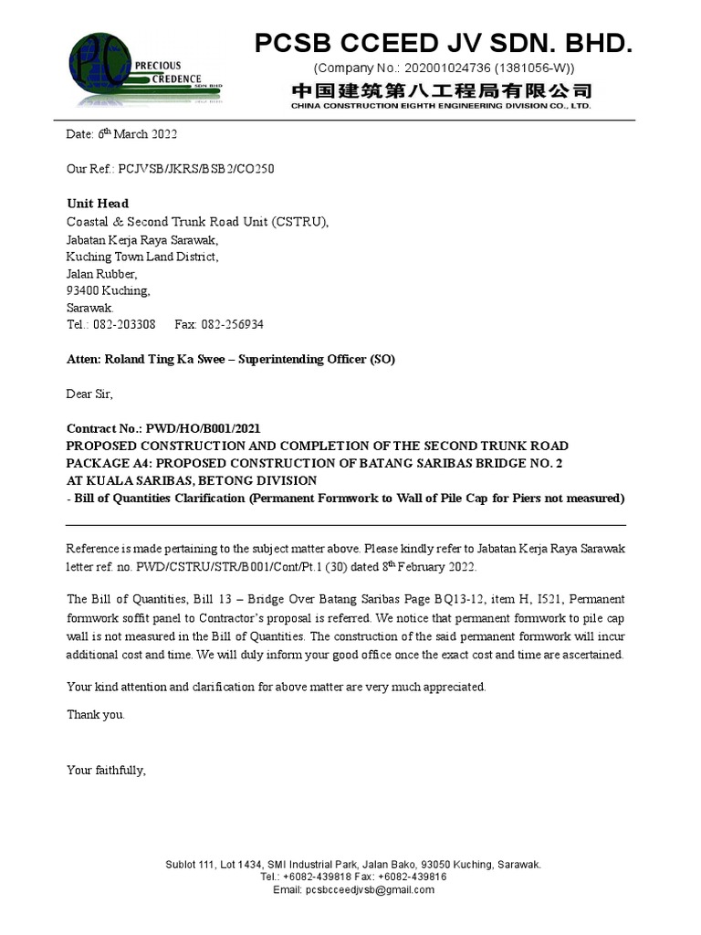 CO250 - Bill of Quantities Clarification (Permanent Formwork To Wall of ...