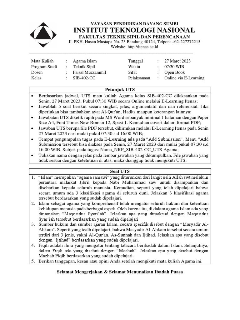 Soal UTS - Agama - SIB-IV CC - Faisal Muzzammil - Teknik Sipil | PDF