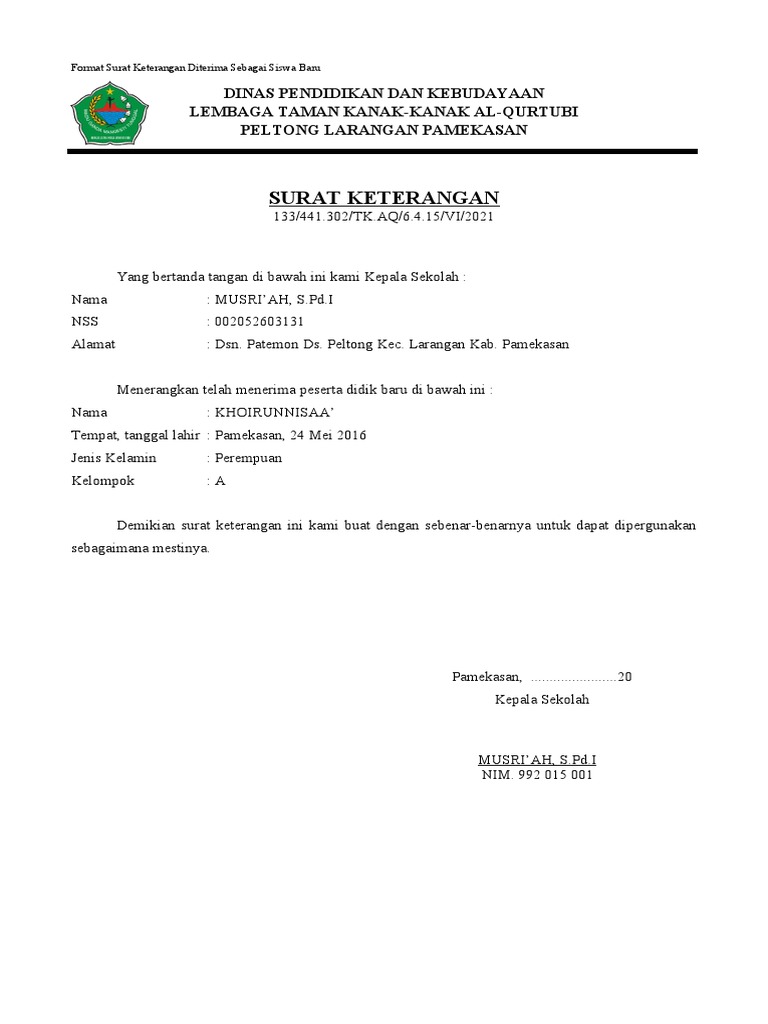 Format Surat Keterangan Diterima Sebagai Siswa Baru | PDF
