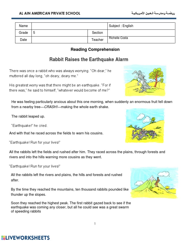 Rabbit Raises The Earthquake Alarm: Reading Comprehension | PDF ...