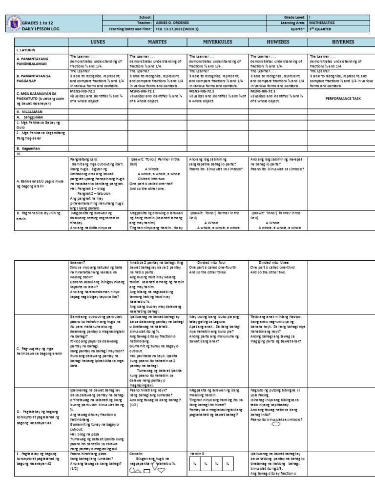 Mathematics 1 - Q3 - W1 - DLL | PDF | Learning | Psychological Concepts