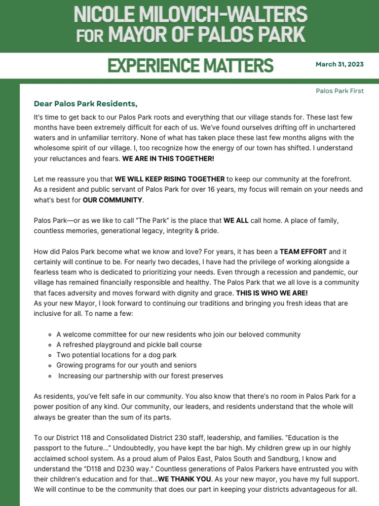 Nicole Milovich-Walters Letter To Palos Park Residents | PDF | Social ...