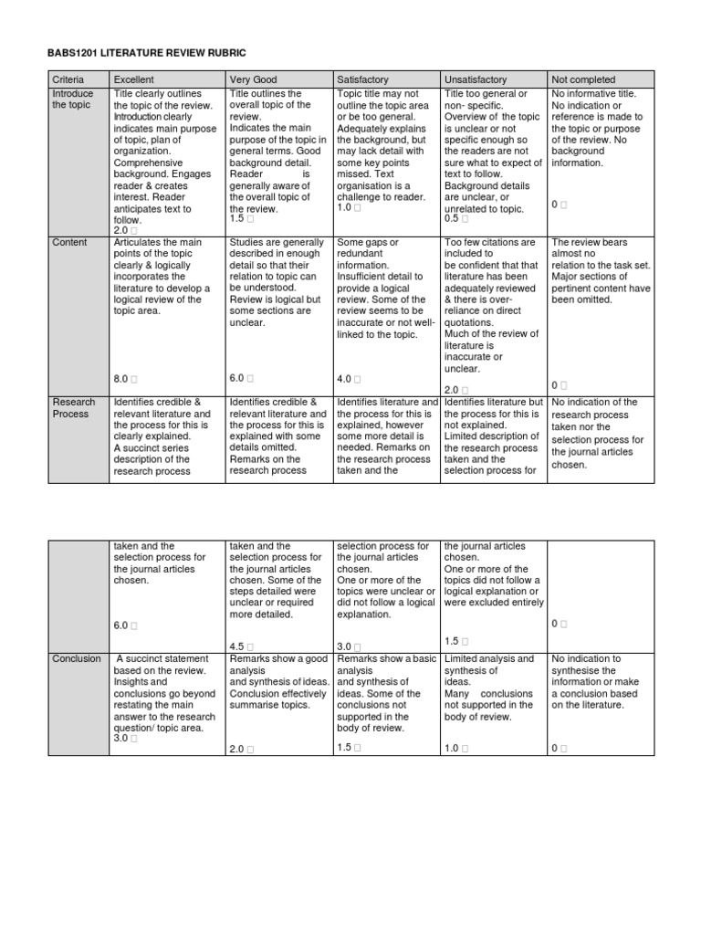 BABS1201 Literature Review Grading Rubric | PDF | Citation | Peer Review
