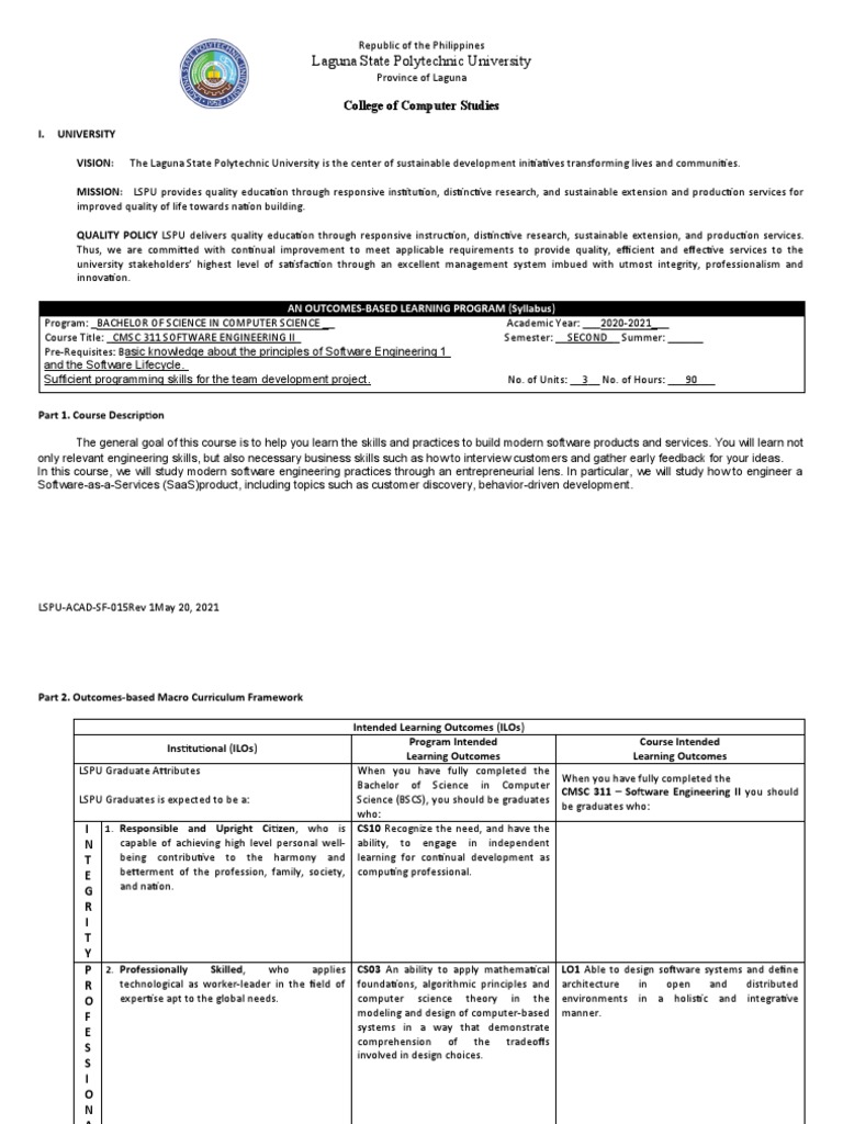 Syllabus CMSC311 Software Engineering | PDF | Computing | Discrete Mathematics