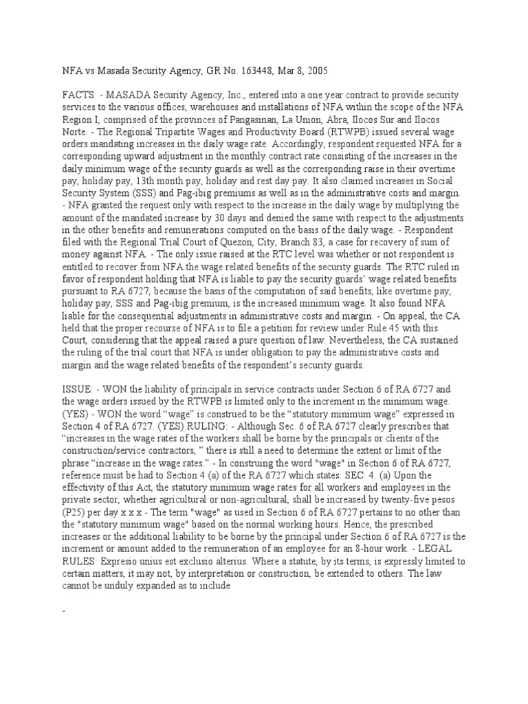 NFA Vs Masada Security Agency | PDF | Wage | Legal Liability