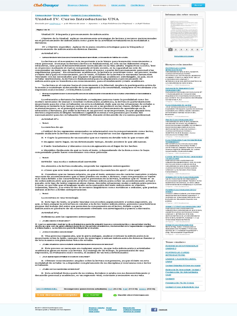 Unidad IV. Curso Introductorio UNA: Leer Documento Completo | PDF | Aprendizaje | Evaluación