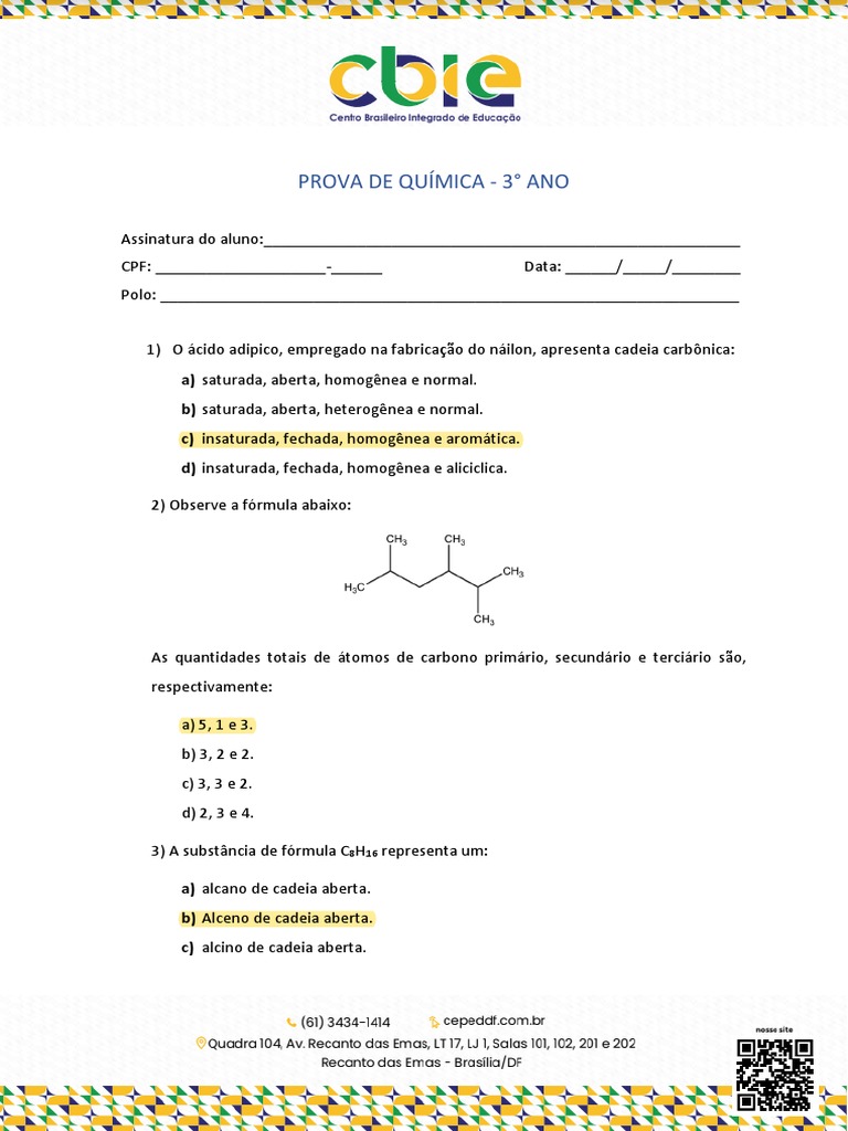Prova de Quimica - 3º ANO - EJA - CBIE | PDF