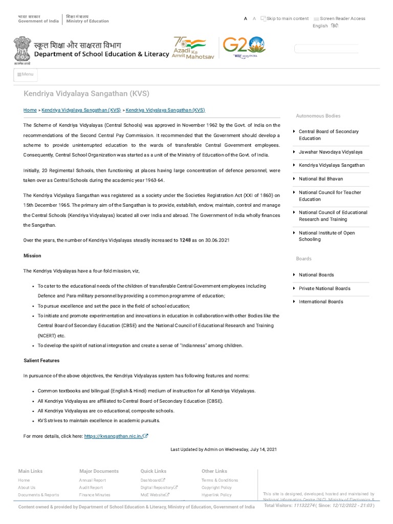 Kendriya Vidyalaya Sangathan (KVS) - Ministry of Education | PDF