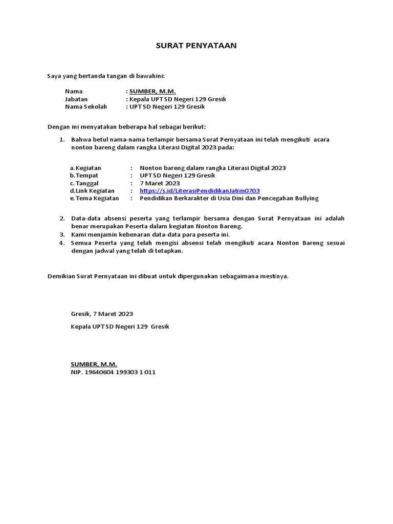 Template Surat Penyataan (Nama Sekolah) | PDF