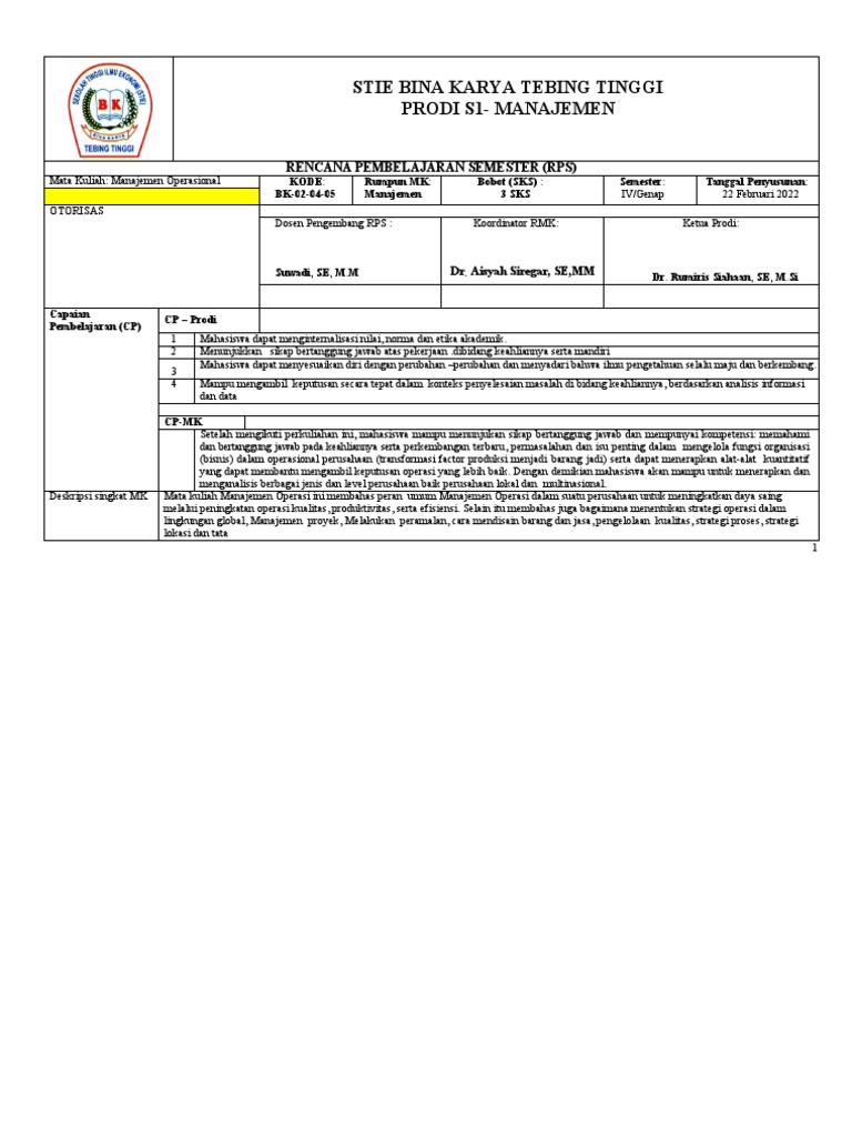 RPS Manajemen Operasional 2023 KDBK LSM | PDF