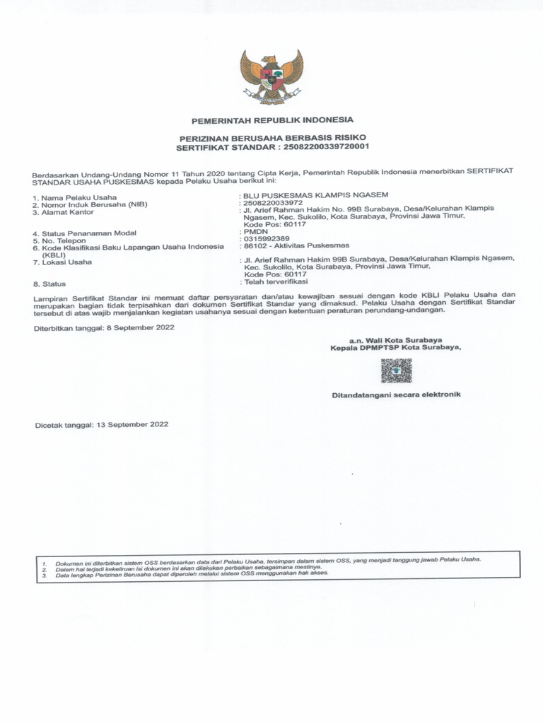 Surat Izin Operasional PKM-OSS | PDF