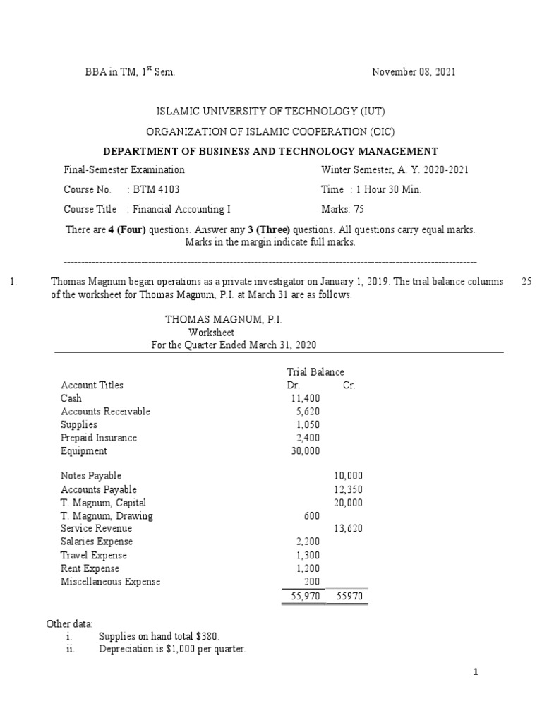 Final (Question) BTM 4103 Financial Accounting I | PDF | Expense | Cash Flow Statement
