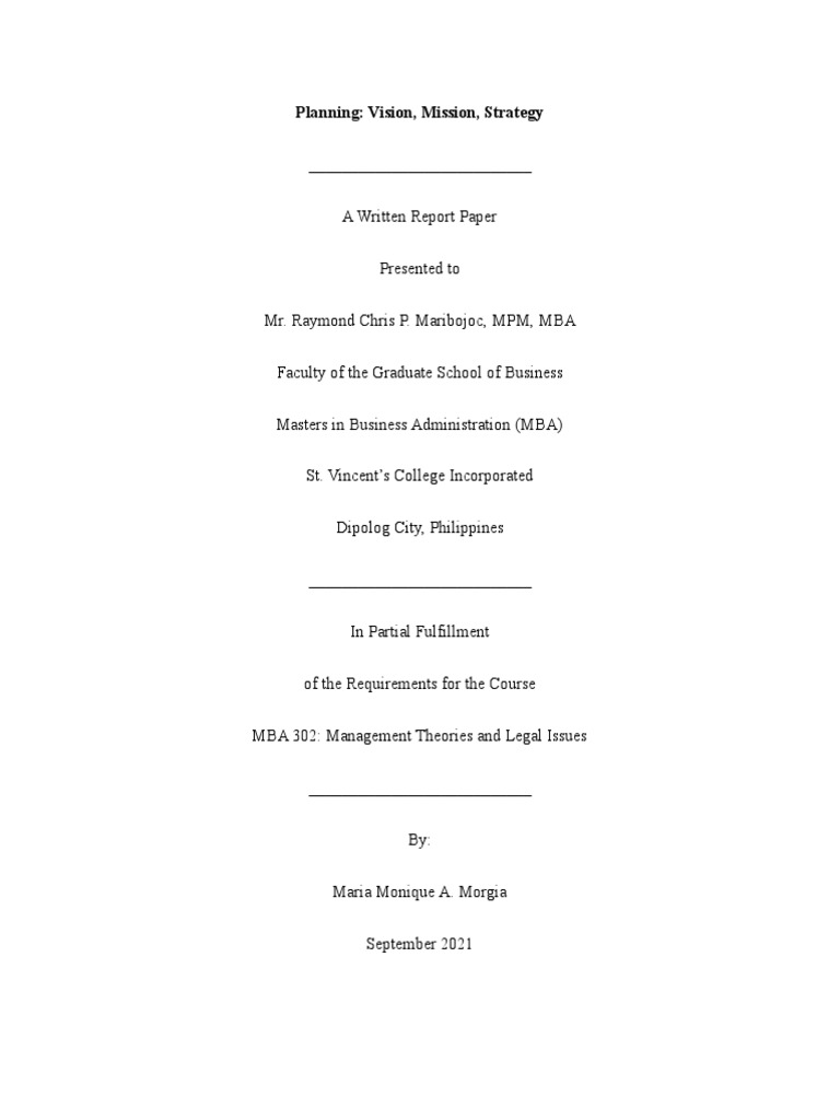 Planning Vision Mission Srategy - Written Report - Morgia Maria Monique ...