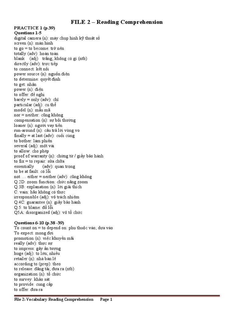 FILE 2 - Reading Comprehension: PRACTICE 1 (p.39) Questions 1-5 | PDF