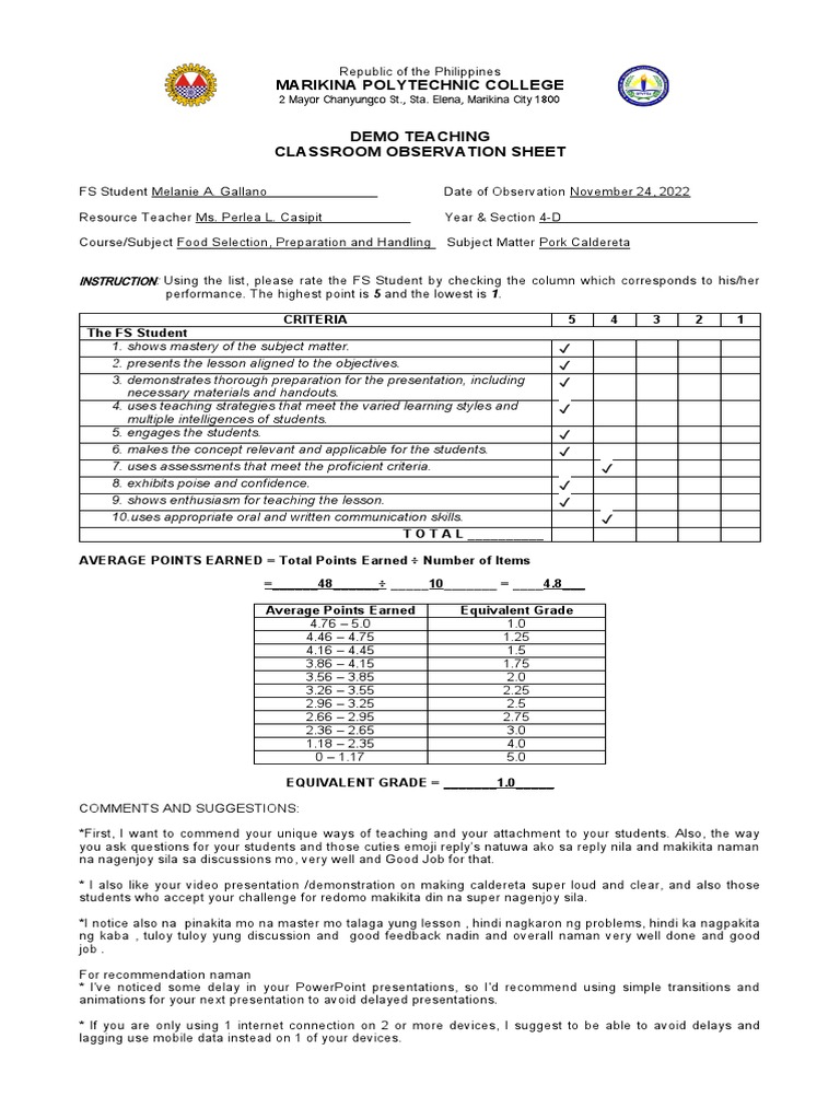 Observation Sheet | PDF | Teachers | Learning