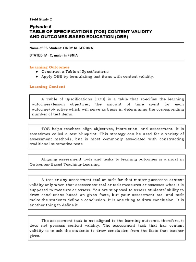 Table of Specifications (Tos) Content Validity and Outcomes-Based ...