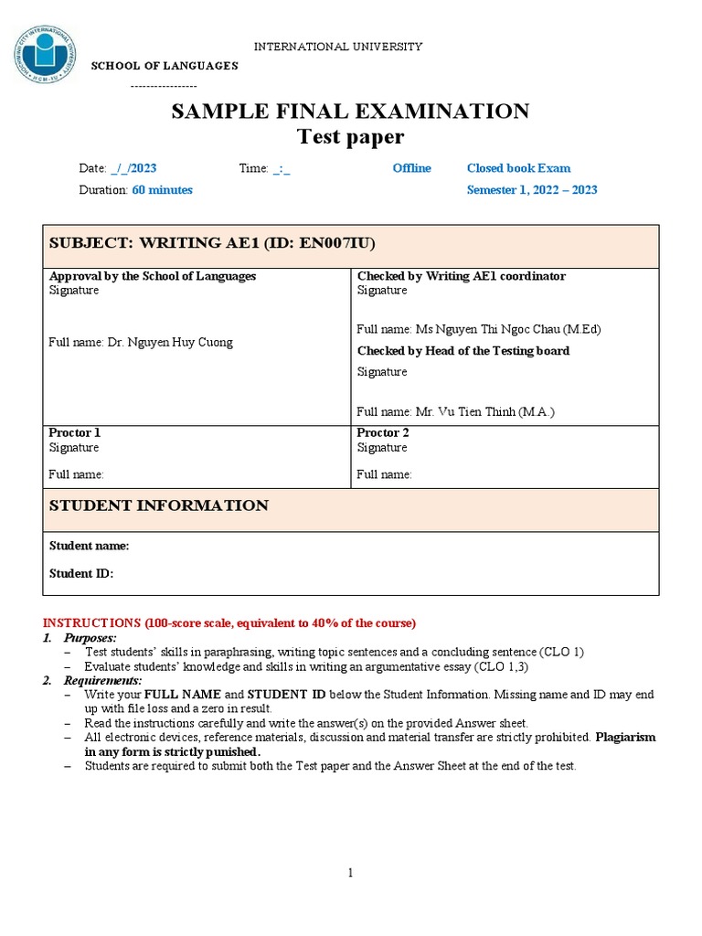 Sample Final Examination Test Paper: Subject: Writing Ae1 (Id: En007Iu ...