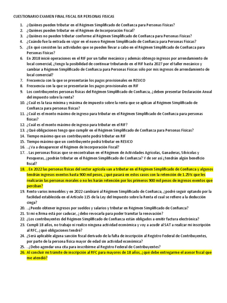 Cuestionario Examen Final Fiscal Isr Personas Fisicas | PDF | Impuesto sobre la renta | Gobierno