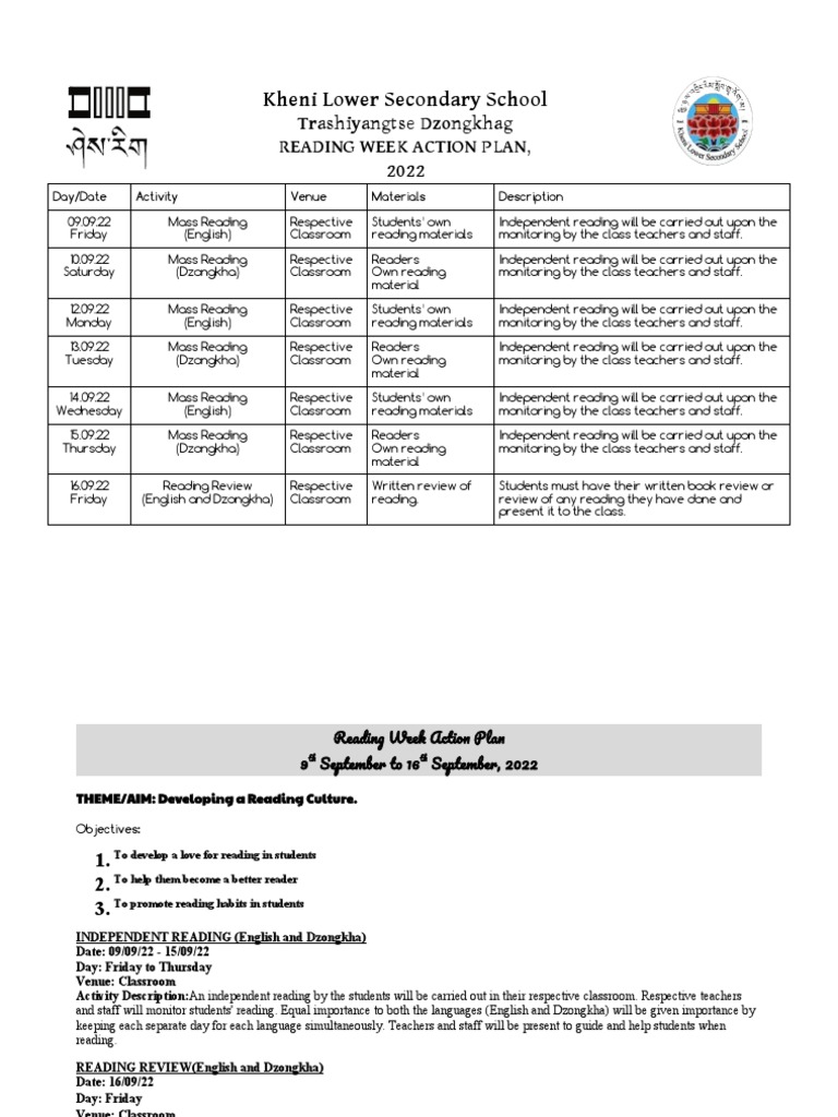 Kheni School Reading Week Plan 2022 | PDF | Teachers | Classroom