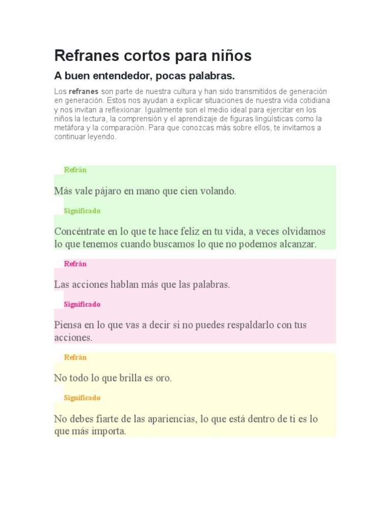 Cortos refranes y sus significados para enseñar a los niños | PDF