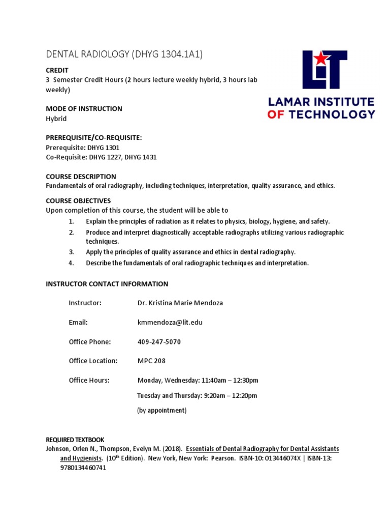 Dental Radiology Fall 2023 Syllabus | PDF | Radiography | X Ray