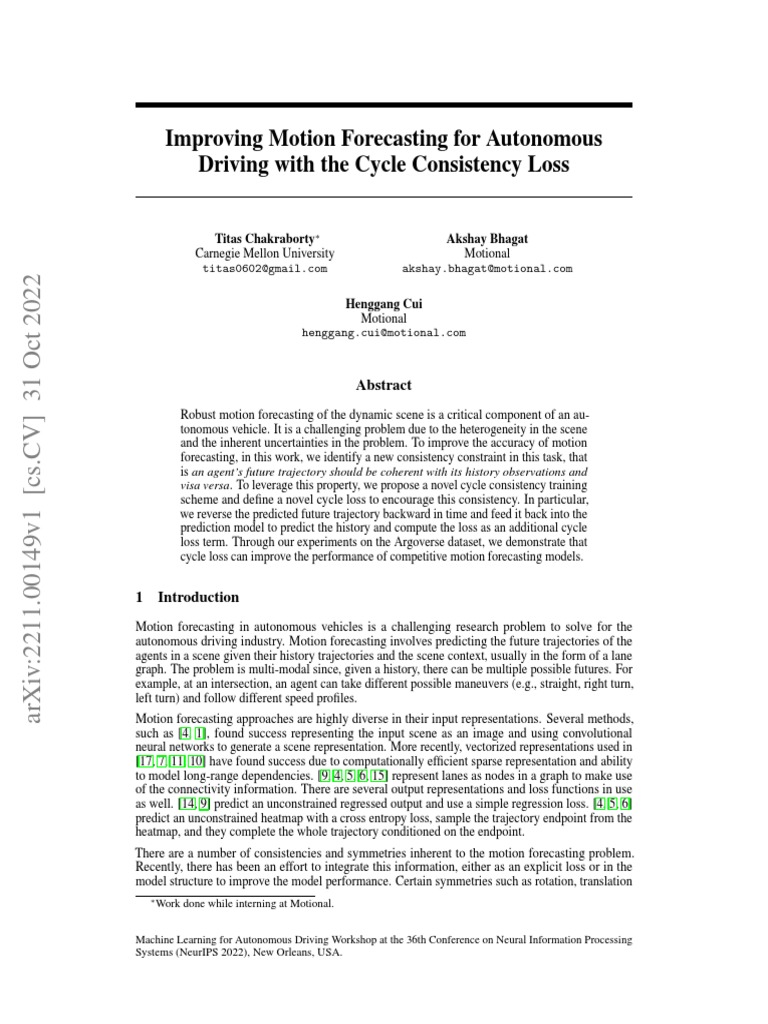 Improving Motion Forecasting For AutonomousDriving With The Cycle Consistency Loss | PDF ...
