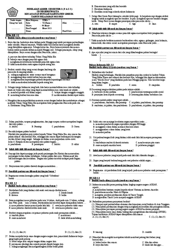 Soal Ulas Kls 6 TEMA 7 - Salin | PDF