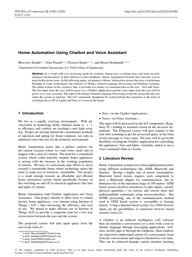 Home Automation Using Chatbot And Voice Assistant Pdf Home Automation Internet Of Things