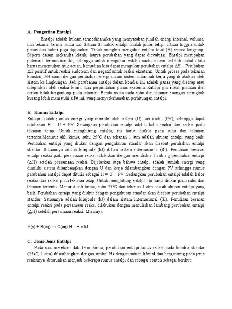 Pengertian dan Rumus Perubahan Entalpi | PDF