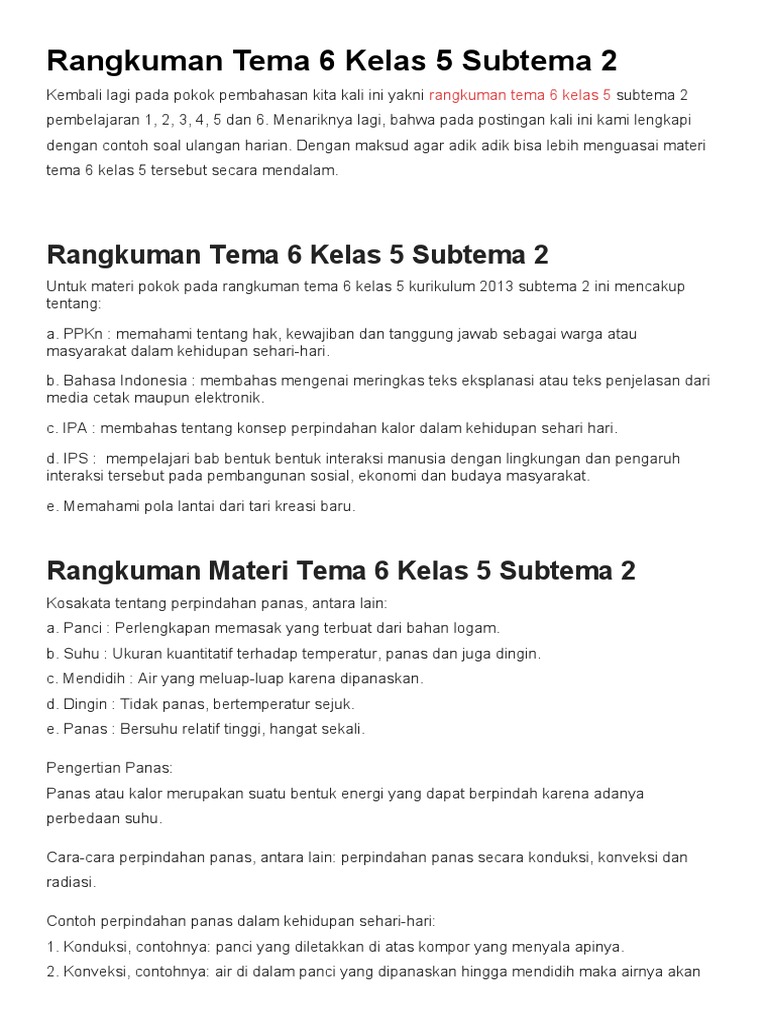 Rangkuman Tema 6 Kelas 5 Subtema 2 | PDF | Sains & Matematika