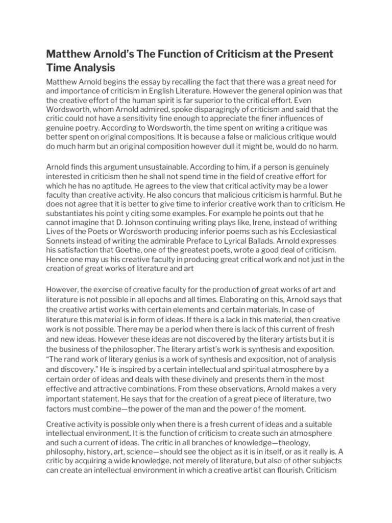 Matthew Arnold's The Function of Criticism at The Present Time Analysis | PDF | Idea | Knowledge