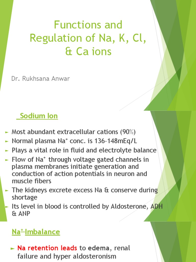 Functions and Regulation of Na, K, CL, & Ca Ions: Dr. Rukhsana Anwar ...
