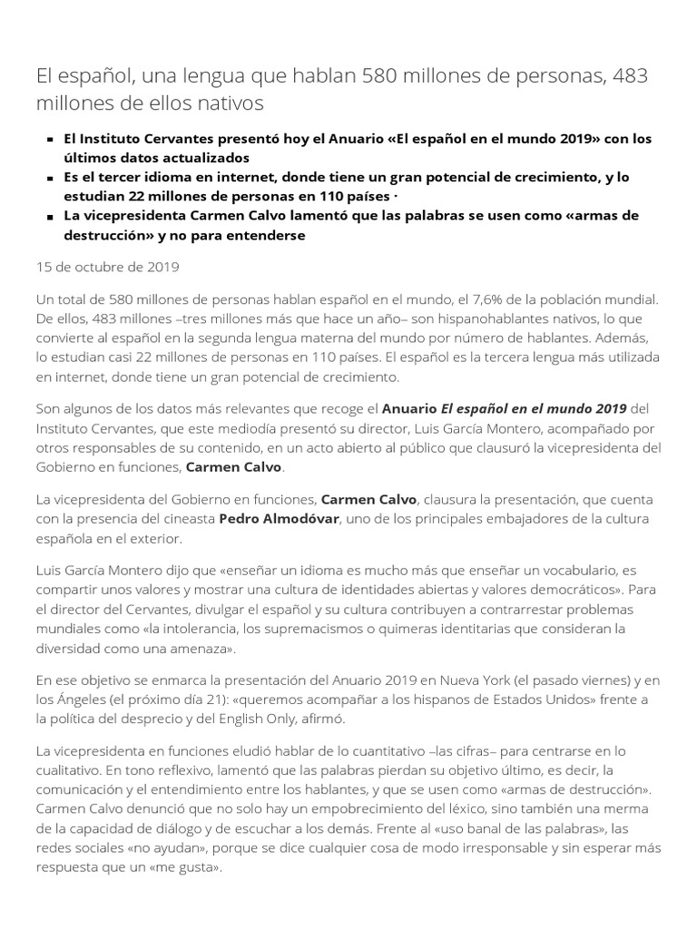 El español: 580 millones de hablantes | PDF | Lengua española | España