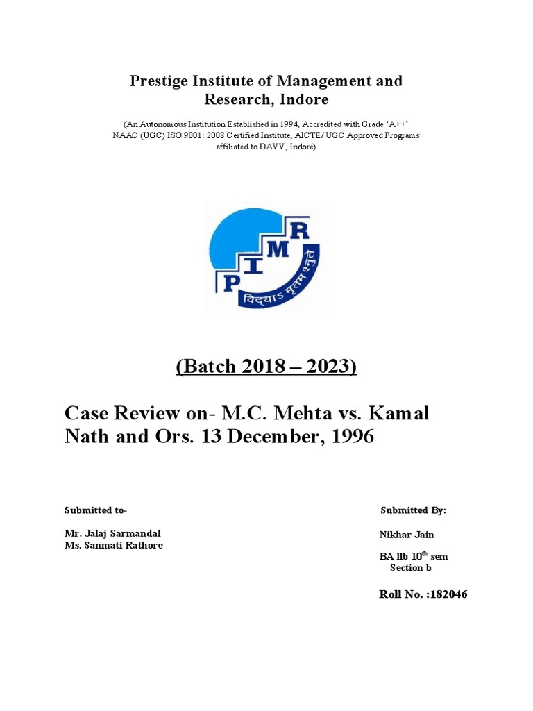 (Batch 2018 - 2023) Case Review on-M.C. Mehta vs. Kamal Nath and Ors. 13 December, 1996 | PDF ...