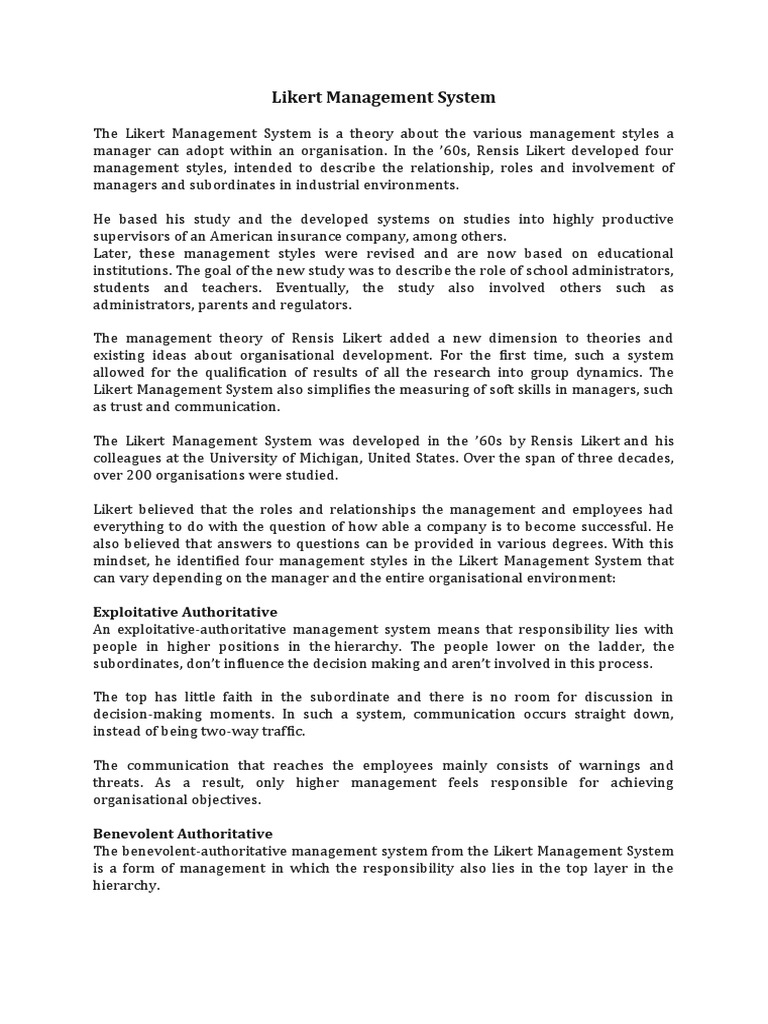 Likert Management System: Exploitative Authoritative | PDF | Leadership ...