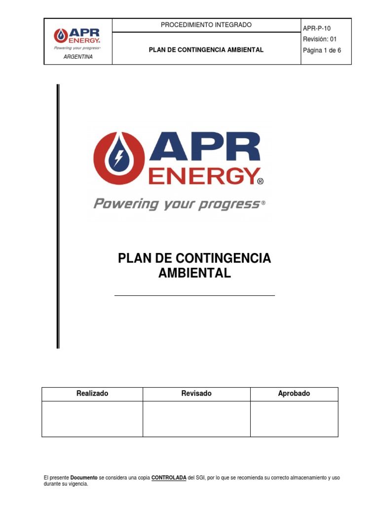 APR-P-10 Plan de Contingencia Ambiental Rev 01 | PDF | Contaminación | Entorno natural